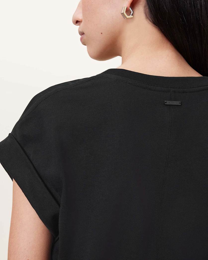 Mira Cropped Satin Drawcord T-Shirt Black | ALLSAINTS
